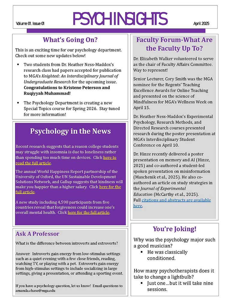 MGA Psychology Newsletter, "PSYCH INSIGHTS" Volume 1, Issue 1